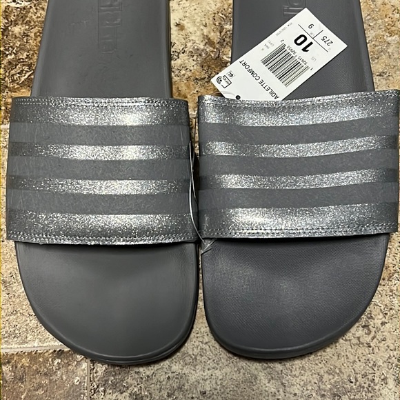 adidas | Shoes | Nwt Adidas Adilette Comfort Silver Sparkle Slides ...